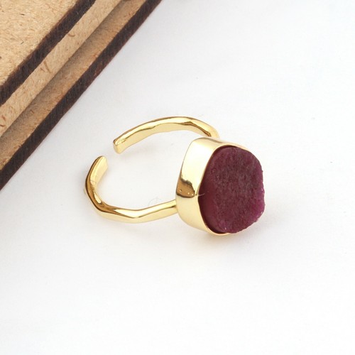 10x12 mm Raw Look Ruby Jade Quartz Gemstone Yellow Gold Plated Adjustable Ring | eBay