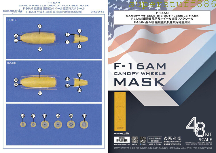 Galaxy 48046 F-16AM Canopy wheels DIE-CUT Flexible Mask For 1/48 ...