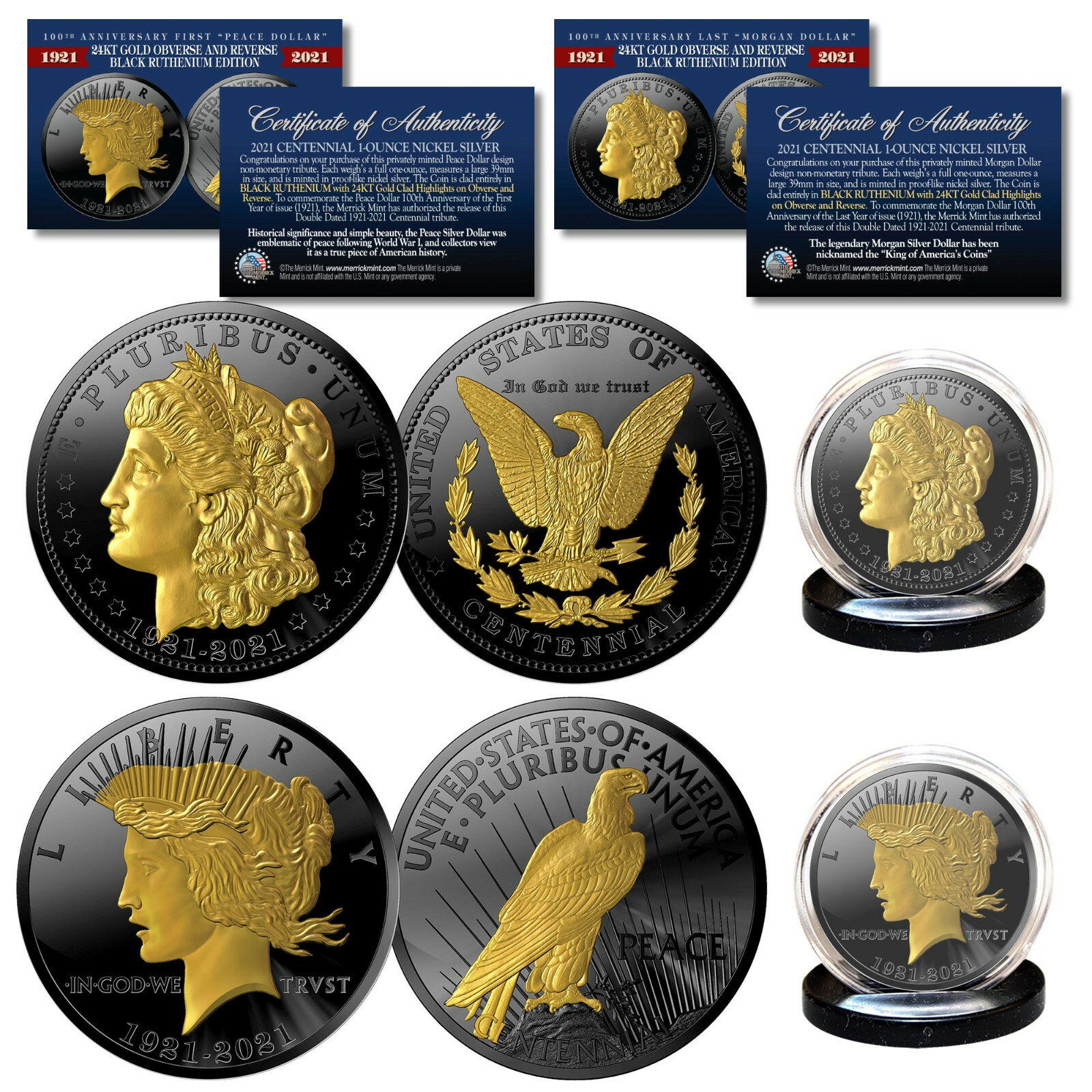 MORAN & PEACE DOLLAR Tribute Coins 1 OZ. BLACK RUTHENIUM & 24K GOLD 2 ...