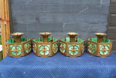 Antique Set Of 4 Tudor Gothic Ceiling Light Fixture Slag Glass Church ...