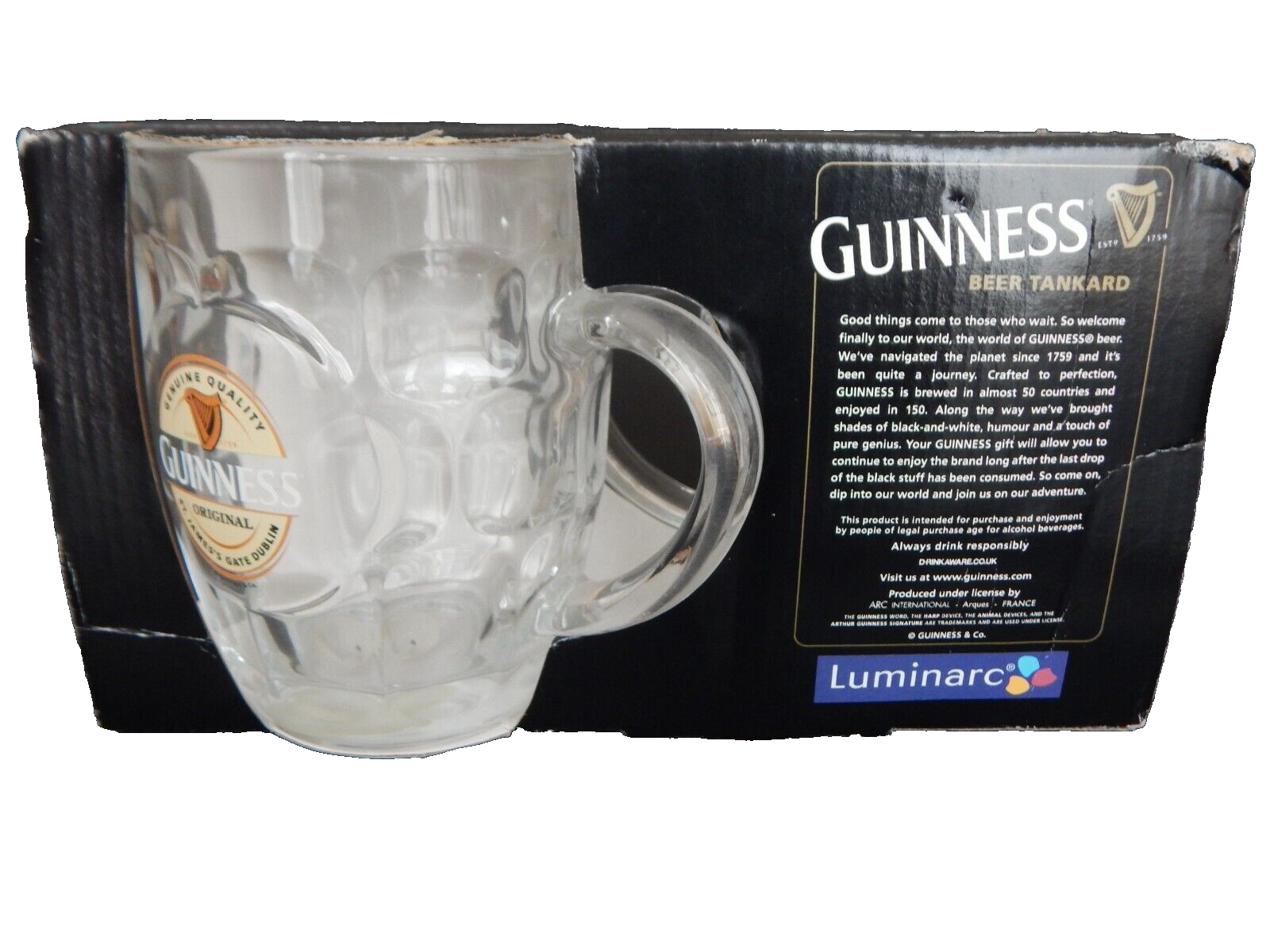 LUMINARC GUINNESS PINT GLASSES x2 DIMPLE TANKARDS St. JAMES'S GATE ...