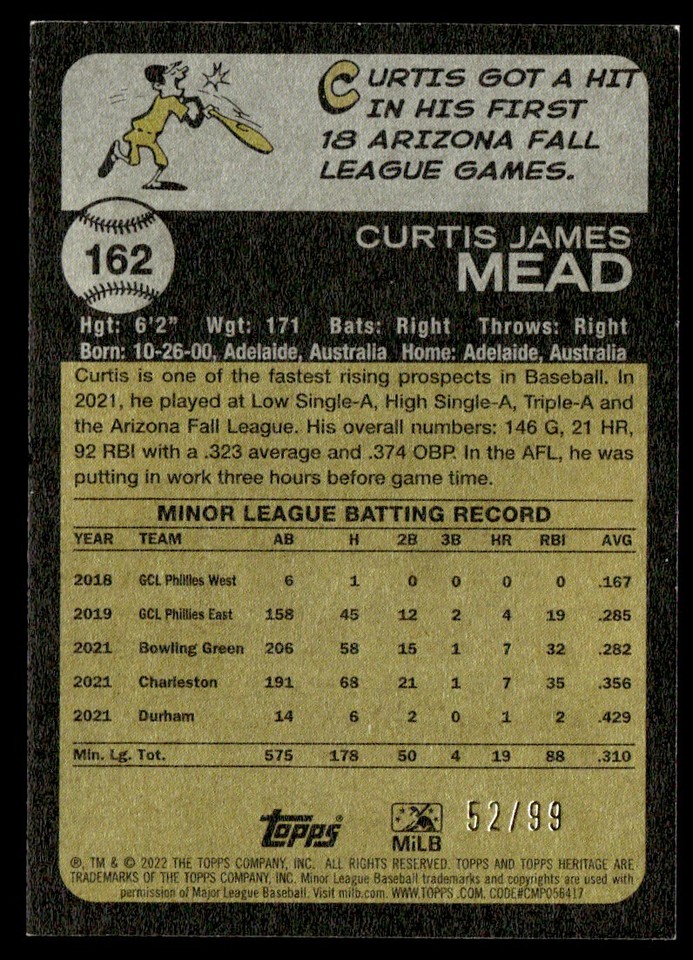 2022 Topps Heritage Minor League Blue Border Curtis Mead 52/99 Durham ...