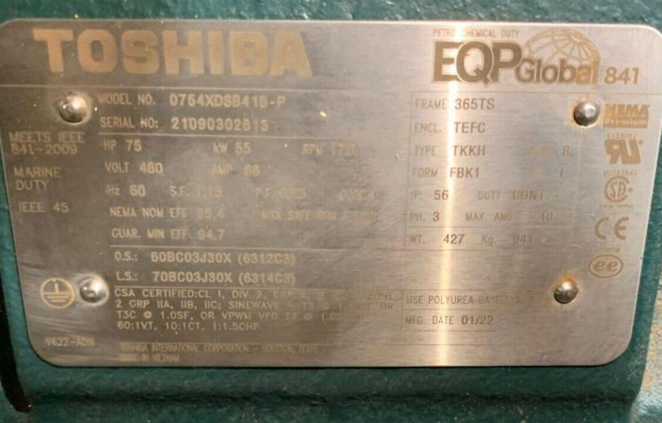 TOSHIBA 75-HP ELECTRIC MOTOR 1780 RPM 460 V 3 PH FR 365TS NEW IN CRATE ...