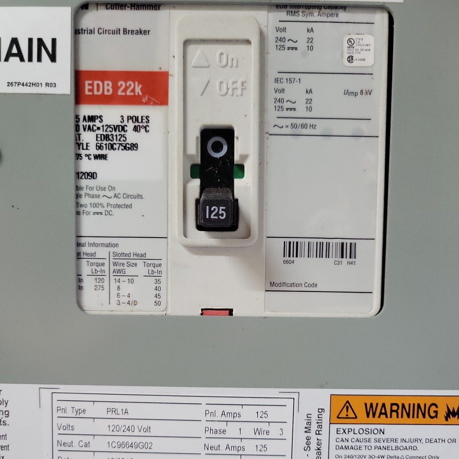 Eaton Panelboard PRL1A 125 Amp, 120V, Nema 1, 30 Cir. MCB | eBay