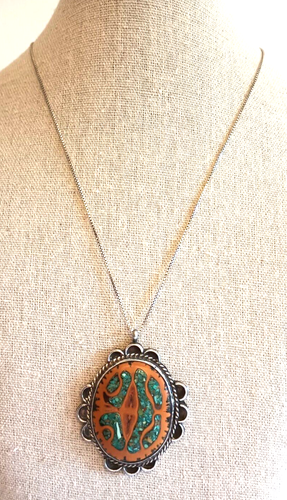 Sterling Silver Necklace with Walnut Shell Slice and Turquoise Chip ...