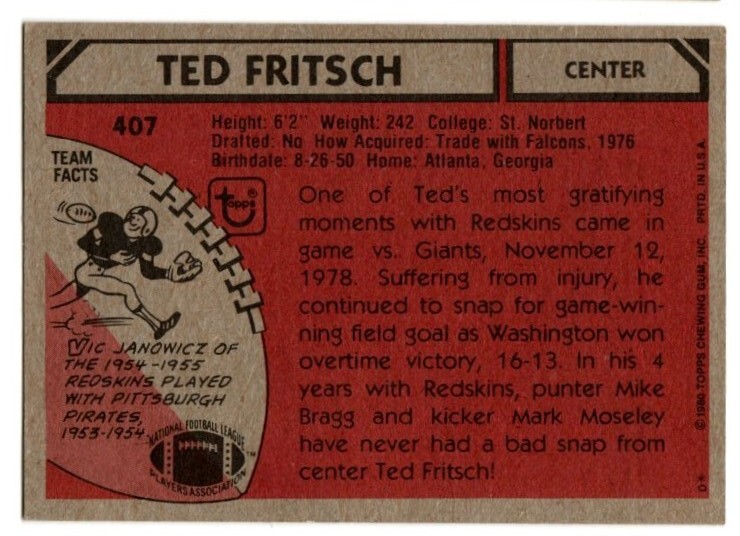 1980 Topps #407 - Ted Fritsch - Washington Redskins Football Card | eBay