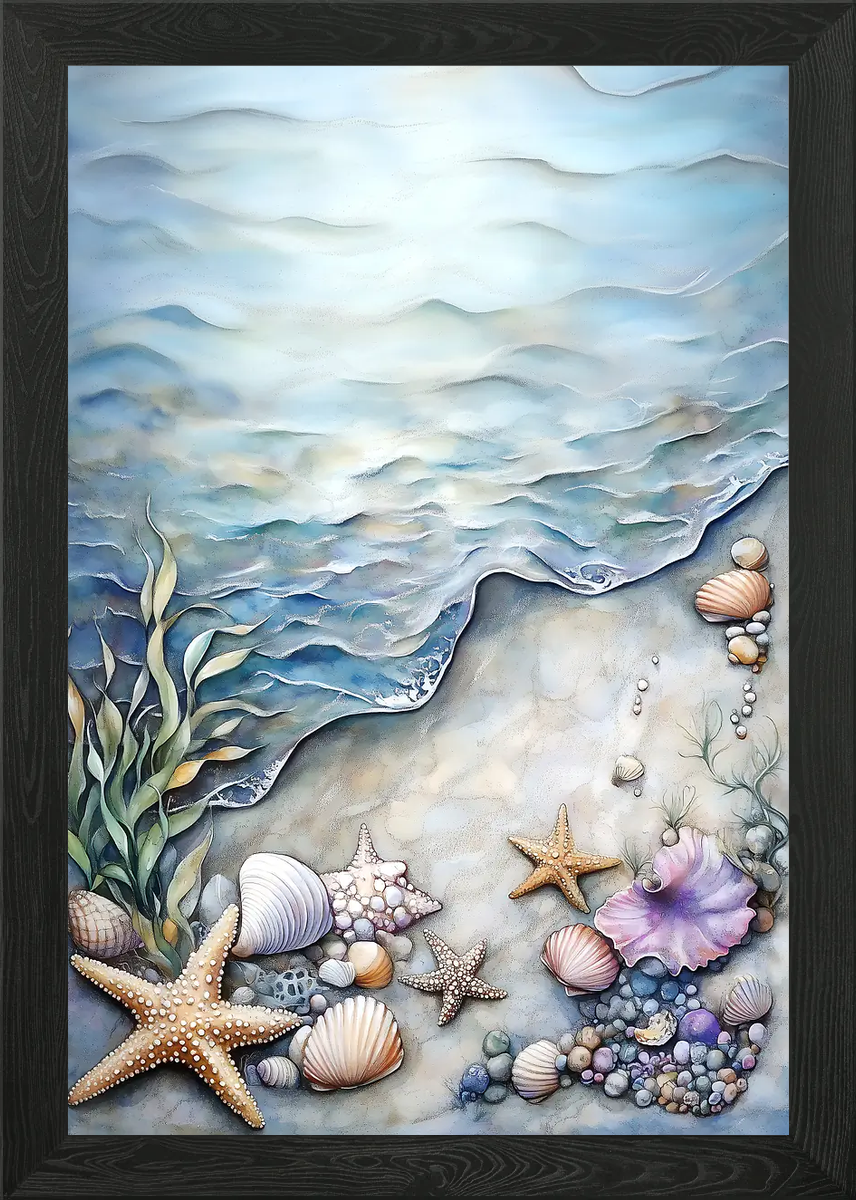 Seashells and Starfish on Beach Framed Wall Art Poster Canvas Print ...