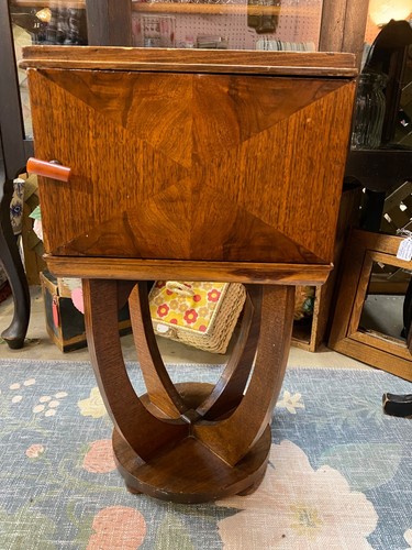 Antique Art Deco Walnut Smoking Stand Table 22" with copper humidor and ...
