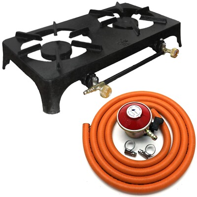 CAST IRON TWO BURNER STOVE BOILING GAS RING CLIP ON LPG REGULATOR 2M ...