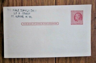 Postal Card 2 Cents 1951 Scott #UX38 Ben Franklin red BIBLE SUPPLY ST ...