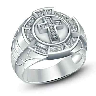 Men's 1Ct Simulated Diamond Cross Pinky Ring 14K White Gold Plated ...