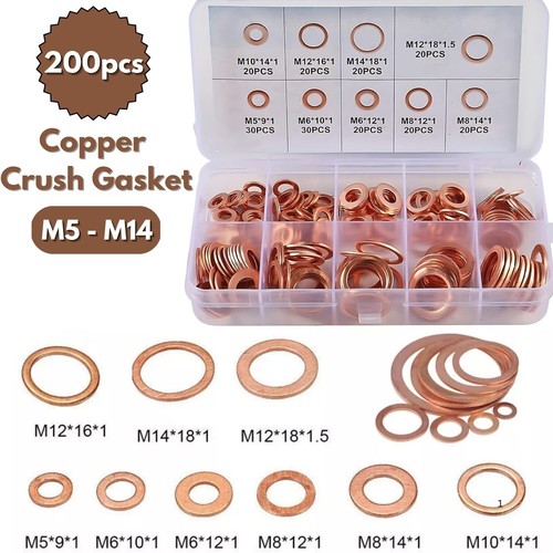 200PCS Solid Copper Crush Washer Gasket Set Flat O-Ring Seal Assortment ...