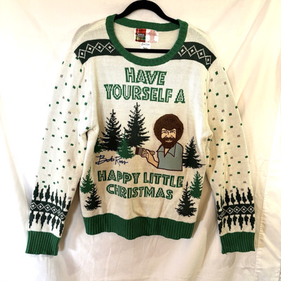 Spencers Bob Ross Ugly Sweater Men L White Happy Little Christmas ...