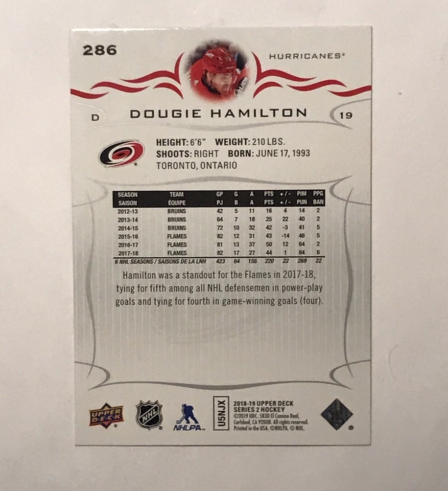 Dougie Hamilton Autographed 2018-19 Upper Deck Series 2 Hockey Card ...