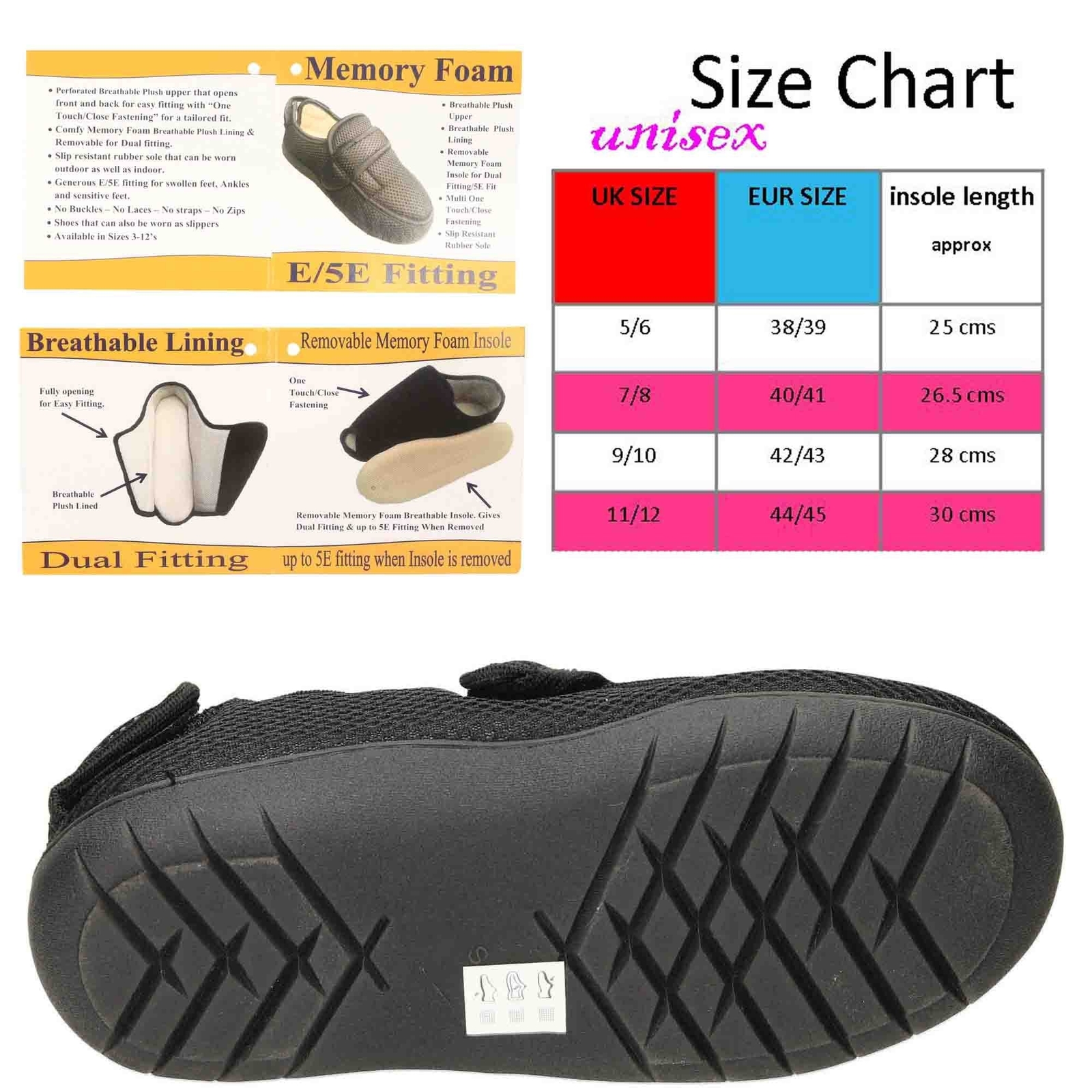 Unisex Extra Wide Fit Closed Toe Slippers Shoe Boot Breathable E/5E ...