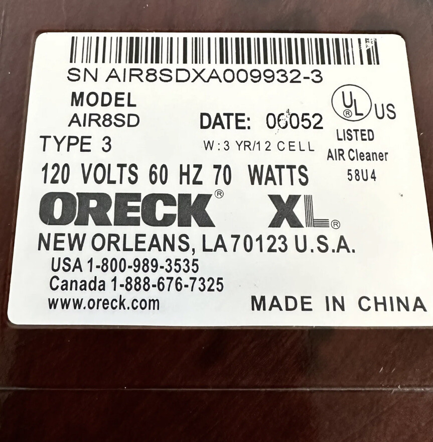 Oreck XL Professional Air Purifier Ionizer Model Air8SD Type 3 ...