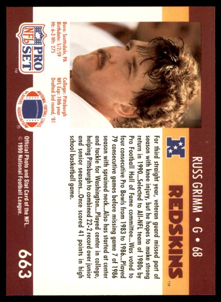 1990 Pro Set Russ Grimm Washington Redskins #663 | eBay
