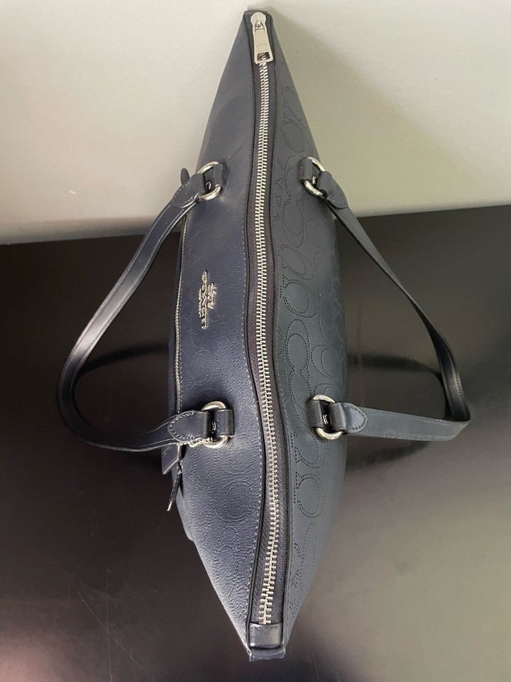 Rare COACH Gallery Tote Bag Perforated Signature Logo Midnight Blue ...