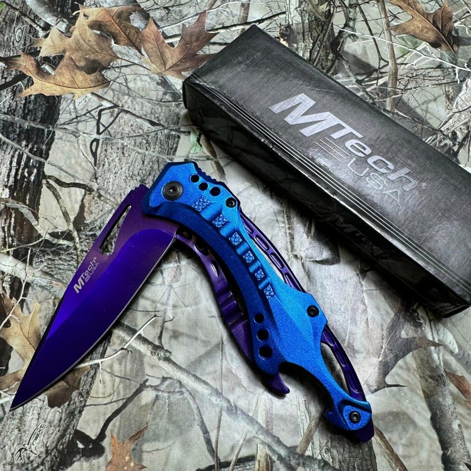 M-Tech Spring Assisted Purple Blade Blue Handle Tactical Pocket Knife ...