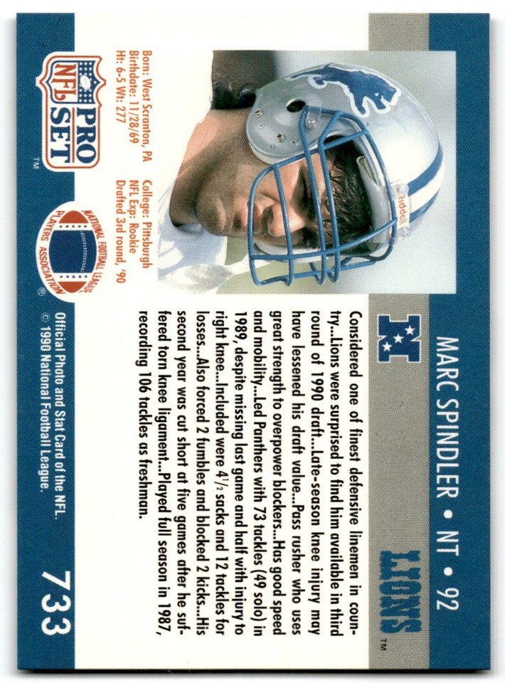 1990 Pro Set Marc Spindler Rookie Detroit Lions #733 | eBay