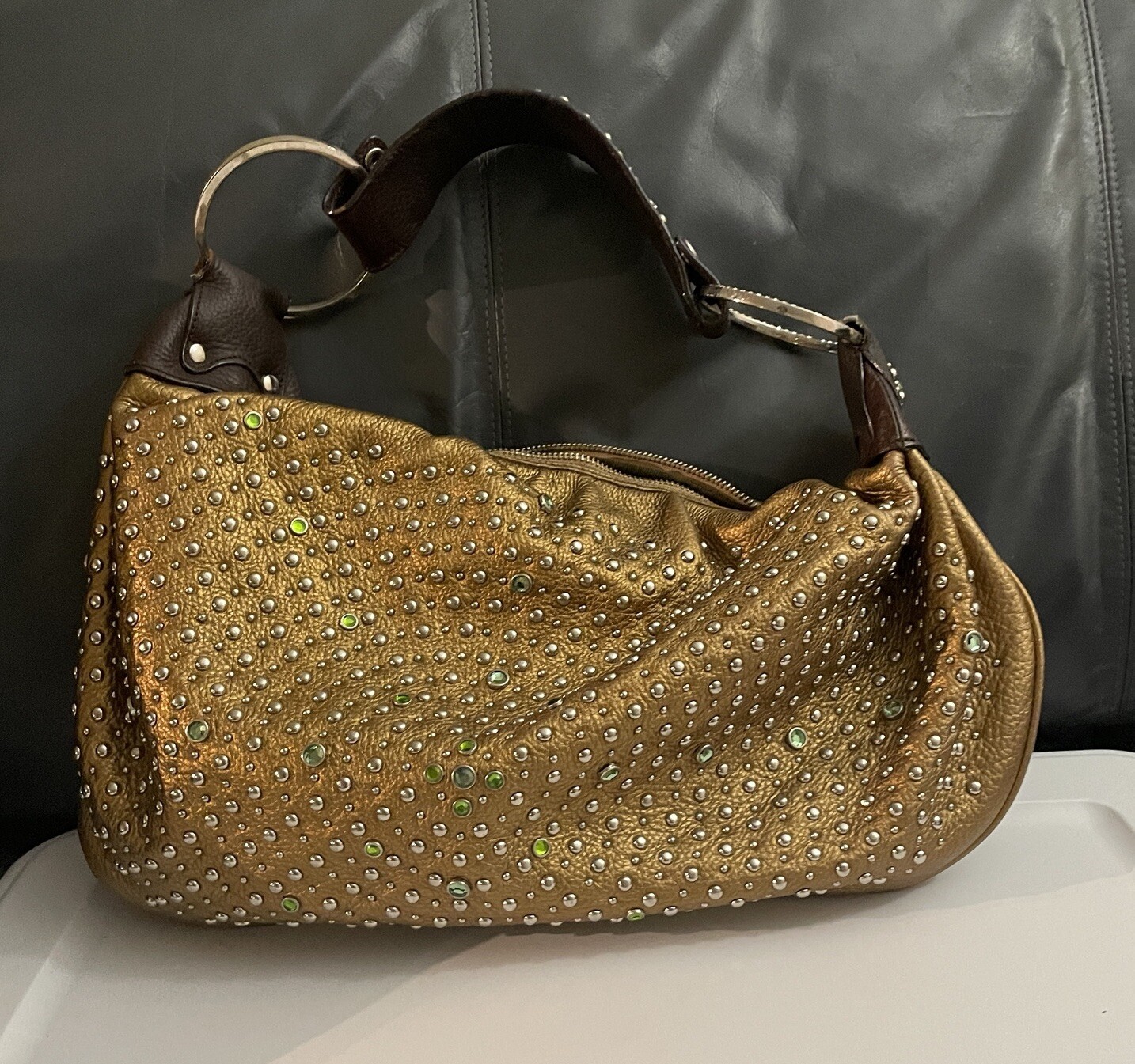 Coach G Series Bronze Leather Crystal Stud Handbag - Gem