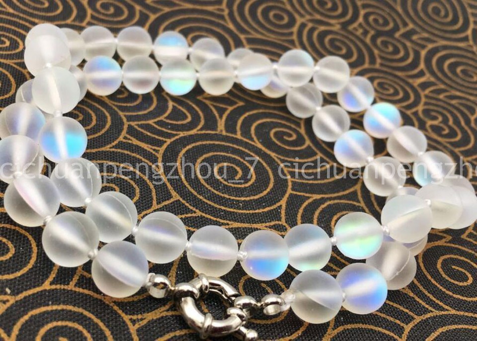 8/10/12mm White/Gray Gleamy Rainbow Moonstone Round Gems Beads Necklace ...