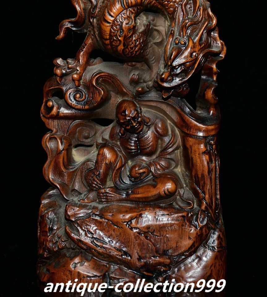 6.8" Old Dynasty Boxwood Carve Dragon Subduing Rohan Lohan Arhat Damo ...