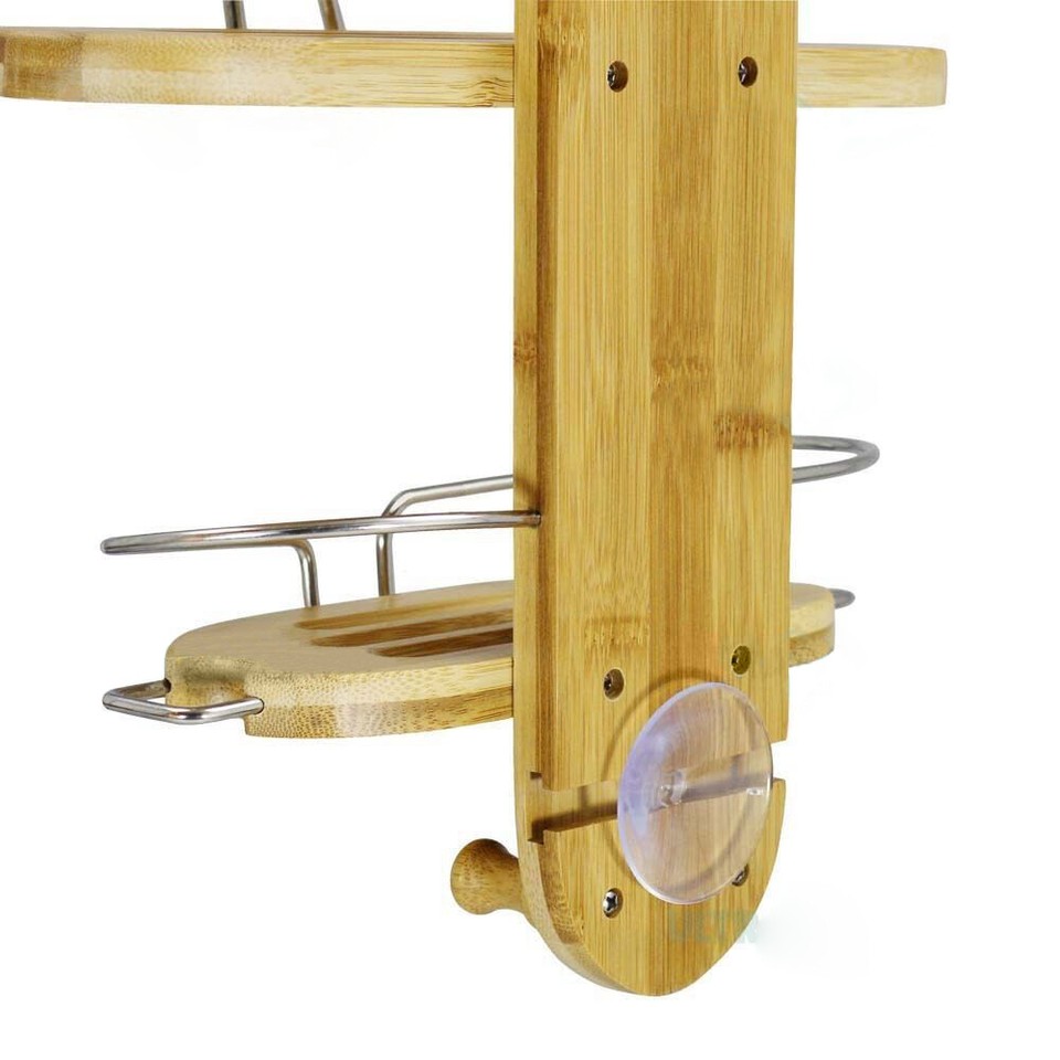 Bathroom Bamboo Shower Caddy Chrome Steel Bath Shelf Tier Storage Rack ...