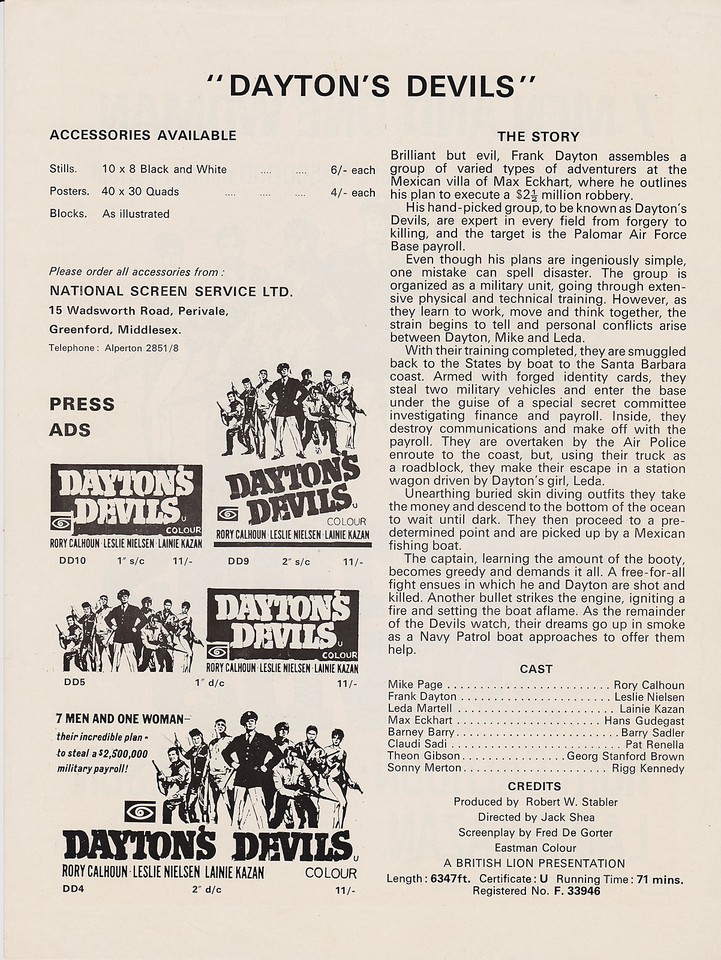 DAYTON'S DEVILS 1968 2-SIDED BRITISH PRESS SHEET RORY CALHOUN LAINIE KAZAN | eBay