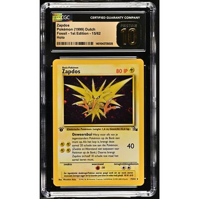 CGC 10 PRISTINE Zapdos 1st Edition 15/62 Pokémon Dutch Fossil (PSA/BGS ...