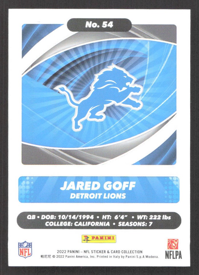 2022 Panini Sticker & Card Collection Jared Goff #54 Blue 021/275 | eBay