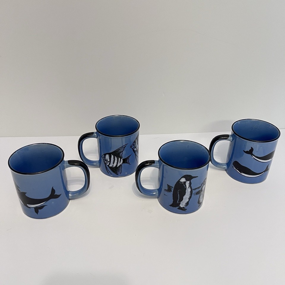 Sea Life Mugs Hand painted Pottery Coffee 4 Blue Penguins Dolphins ...