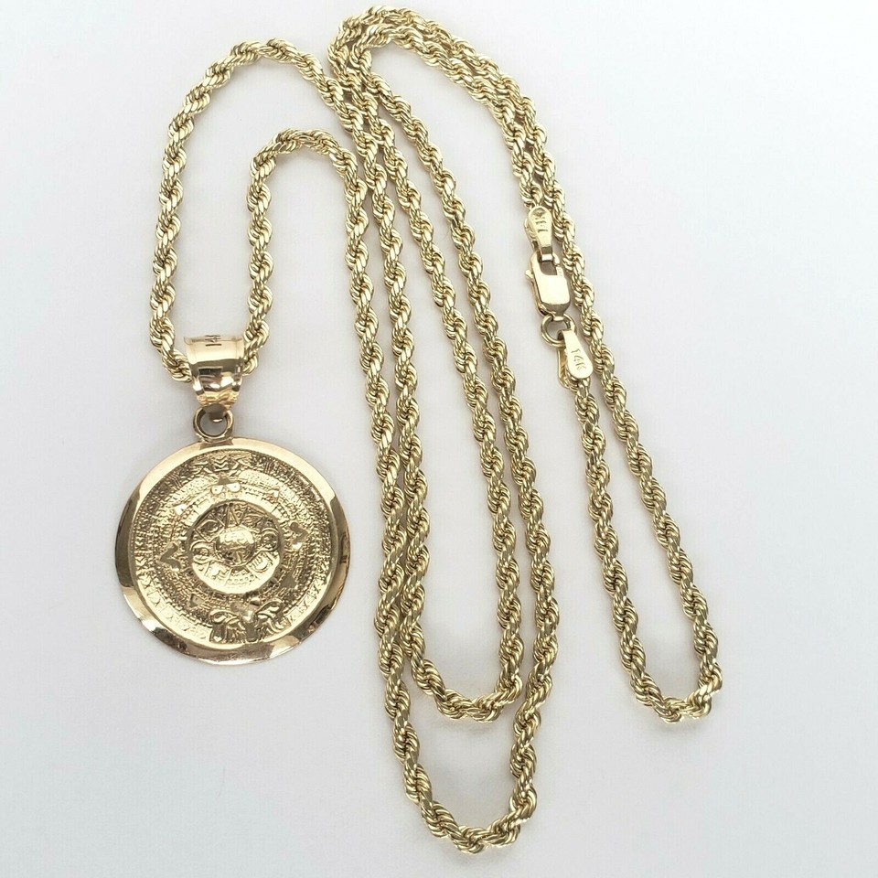 Solid 14k Yellow Gold mayan mexican Aztec Calendar pendant charm rope ...