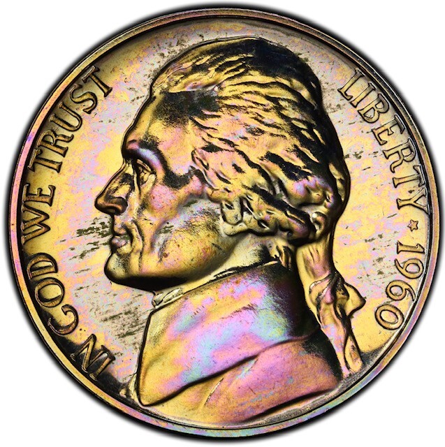 PR66 1960 5C Jefferson Proof Nickel PCGS Secure- Pretty Rainbow Toned ...