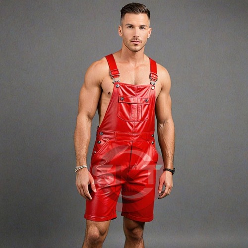 Men's Genuine Soft Leather Red Overall Bib Romper Shorts Jumpsuit Party ...
