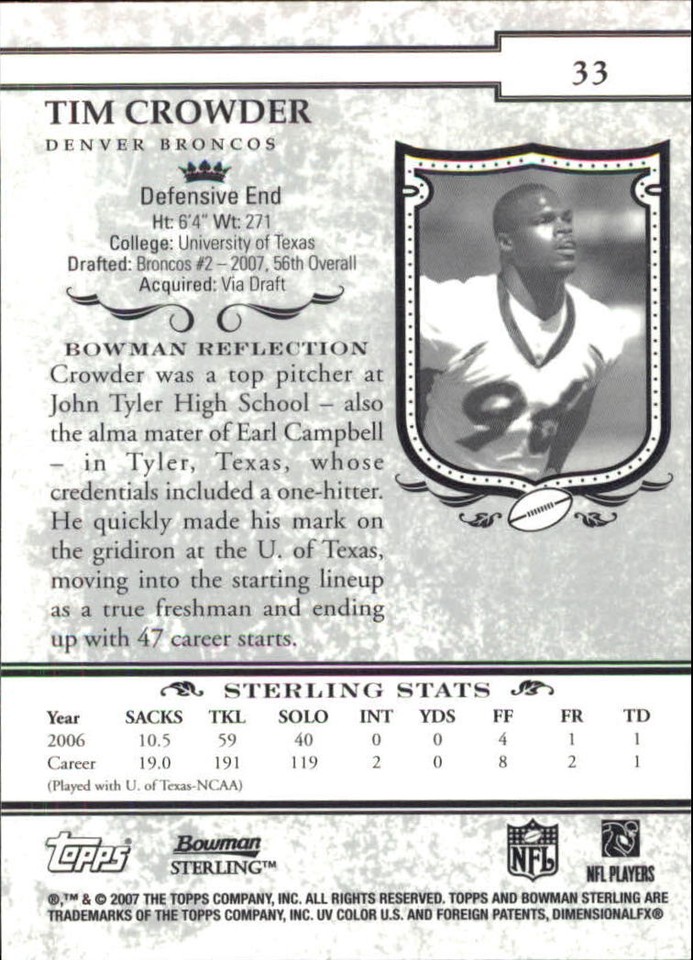 2007 Bowman Sterling #33 Tim Crowder RC Rookie Card | eBay