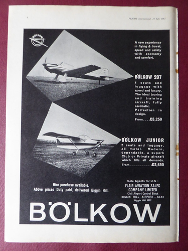 7/1962 PUB BOLKOW 207 BOLKOW JUNIOR AVION AIRCRAFT FLUGZEUG ORIGINAL AD ...