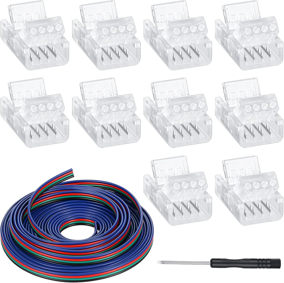 10 Pack 4-Pin 10mm Solderless LED Strip Connectors RGB Waterproof With ...