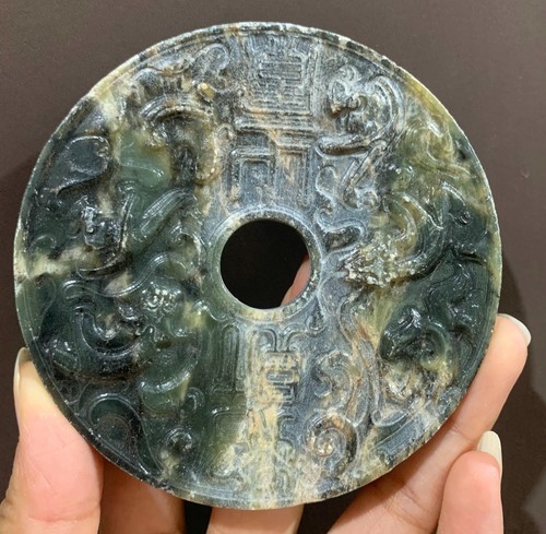 Old China Han Dynasty Hetian Jade Carved Fengshui Chilong dragon beast ...