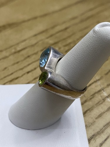 Designer Signed SJ Sterling Silver Blue Topaz And Peridot Band Ring ...