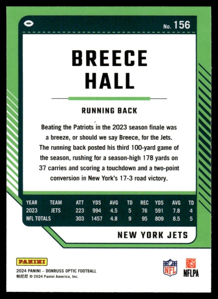 2024 Donruss Optic Breece Hall New York Jets #156 | eBay