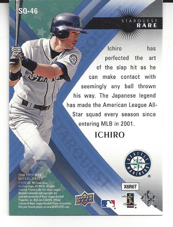 Ichiro 2008 Upper Deck ML Baseball Starquest Rare Trading Card #SQ-46 ...