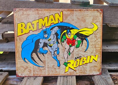 Vintage BATMAN ROBIN TIN SIGN DC Comics superhero Gotham logo boy ...