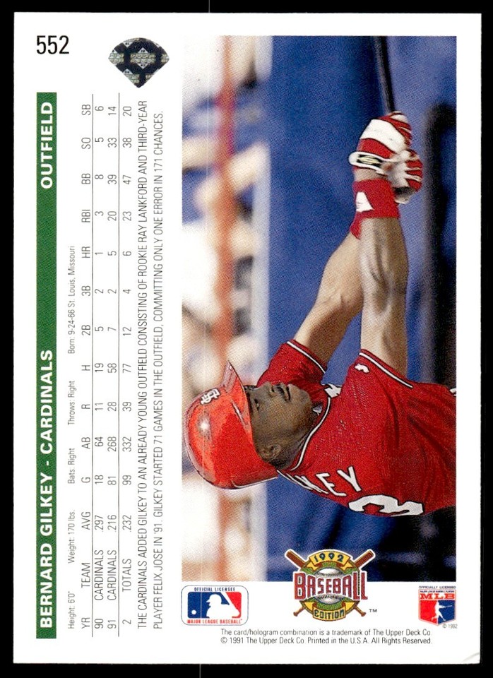 1992 Upper Deck Baseball Card Bernard Gilkey St. Louis Cardinals #552 ...