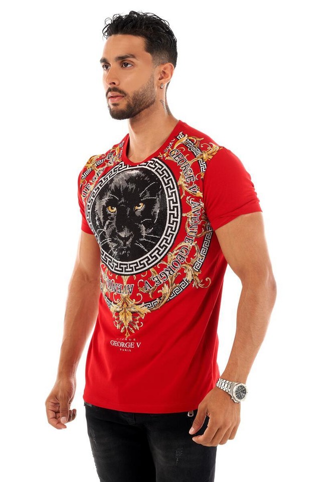 Avenue George V Paris Men Short Sleeve T-shirt Red Blk cat rhinestone ...