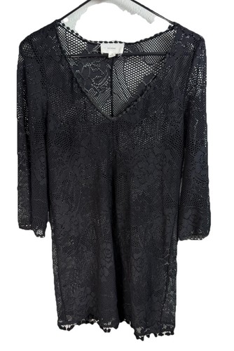 En Creme Womens Black Lace Swim Coverup Dress Sz Small Bobble Trim ...