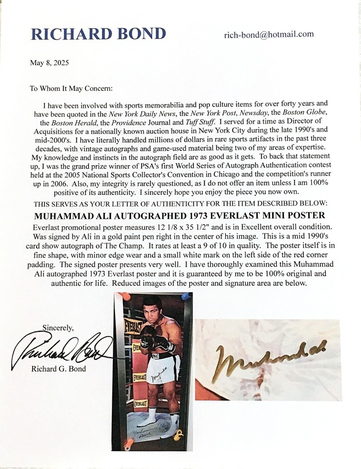 1973 MUHAMMAD ALI AUTHENTIC AUTOGRAPHED 12x36" EVERLAST POSTER with ...