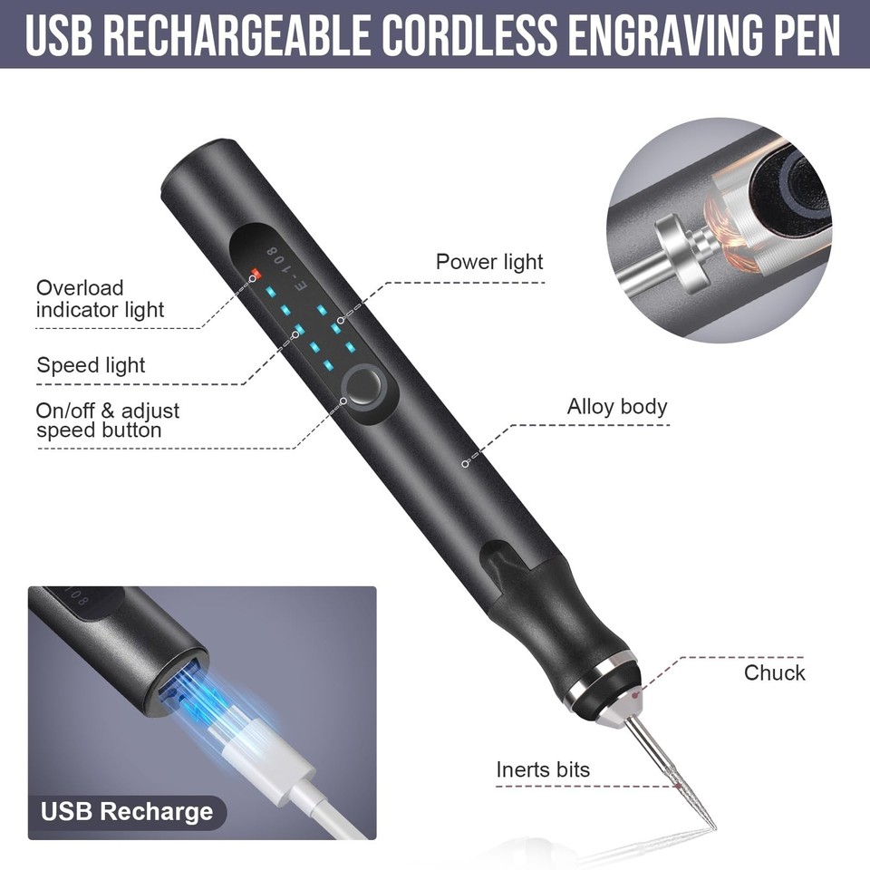 USB Rechargeable Electric Engraving Pen, 37 Bits Cordless Engraver for ...