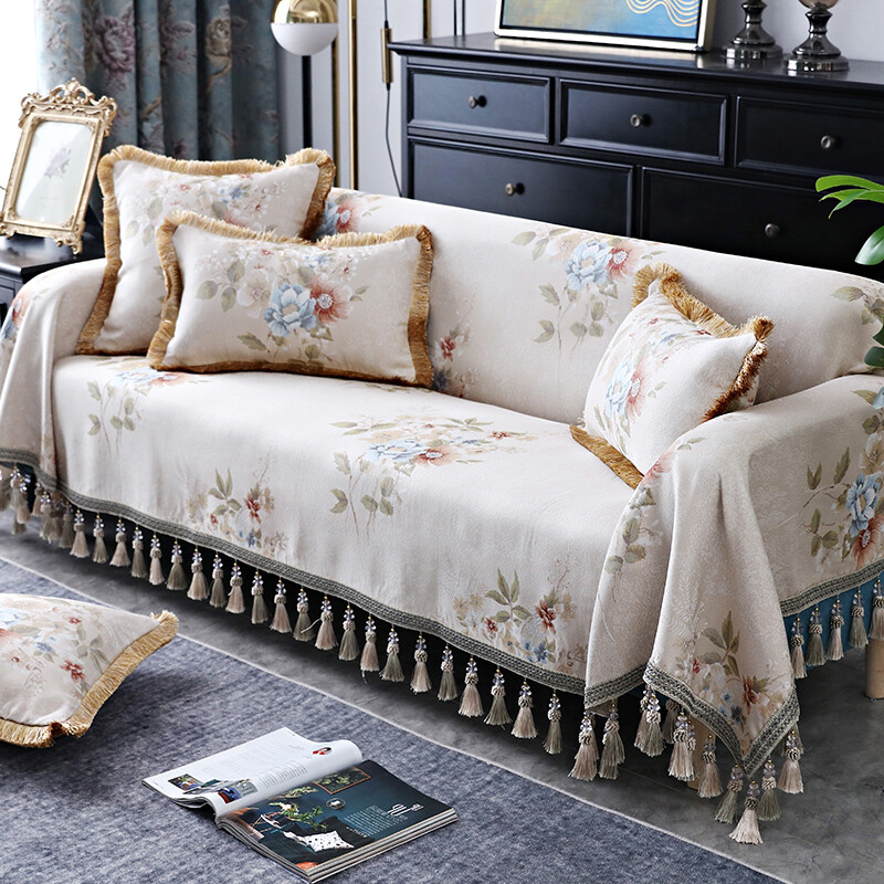 Luxury Tassels Floral Sofa Covers 3/2 Seater Jacquard Couch Slipcover ...