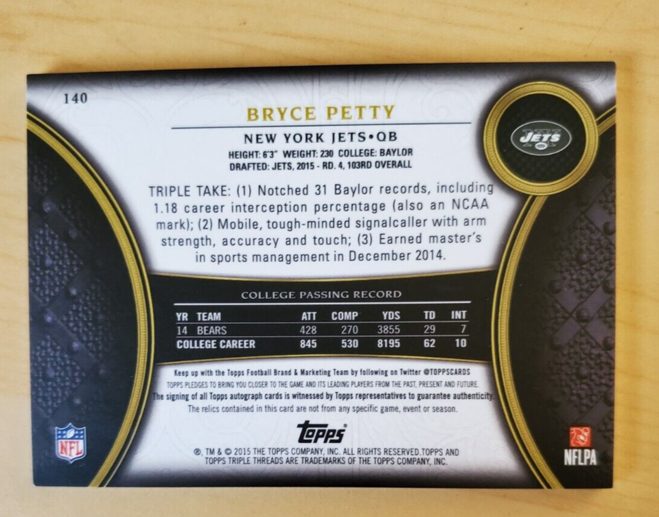 2015 Topps Triple Threads Bryce Petty Purple Autograph Jersey 36/70 ...